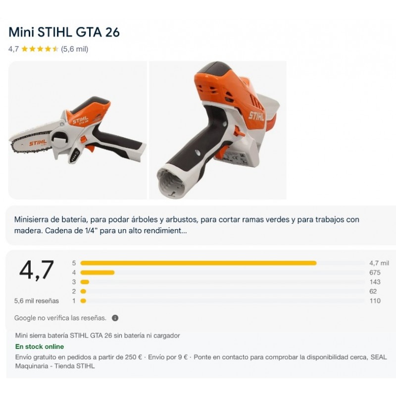 Mini motosierra de batería STIHL GTA 26 - SEAL Maquinaria